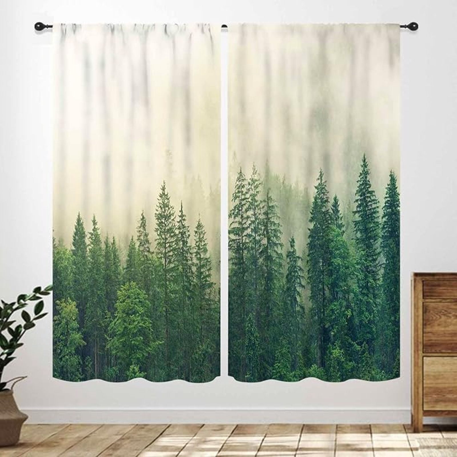 Green Forest Curtains, Misty Forest Nature Landscape Curtains Woodland ...