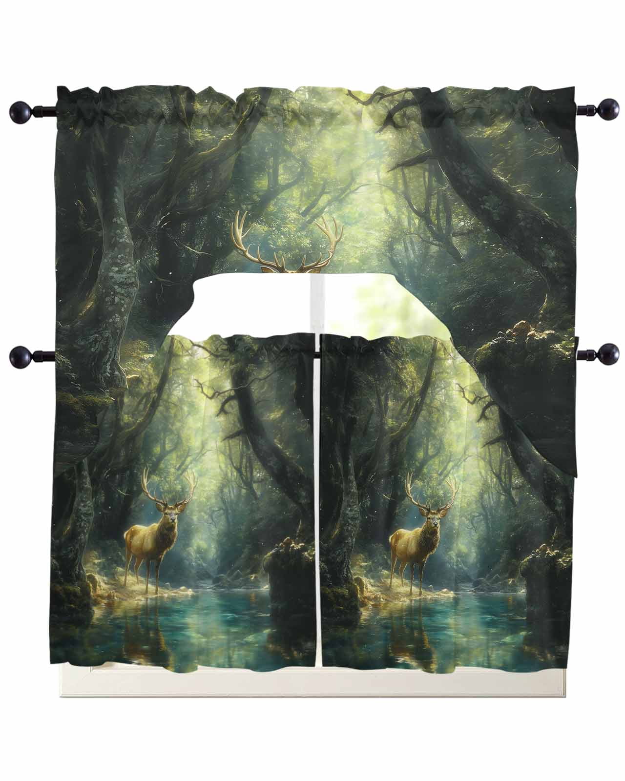 Green Forest Deer Kitchen Curtains Sets 36 Inch Length with Valance ...