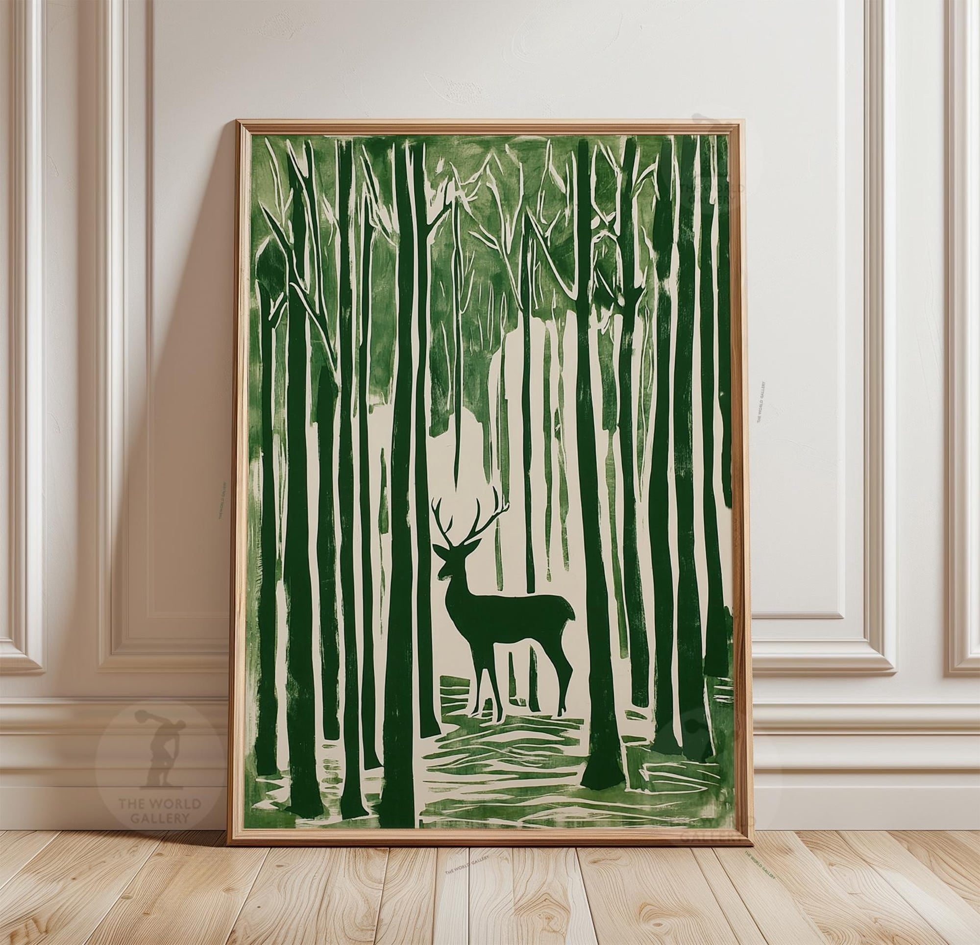 Green Forest Deer Poster Woodland Wildlife Wall Art Minimalist Nature ...