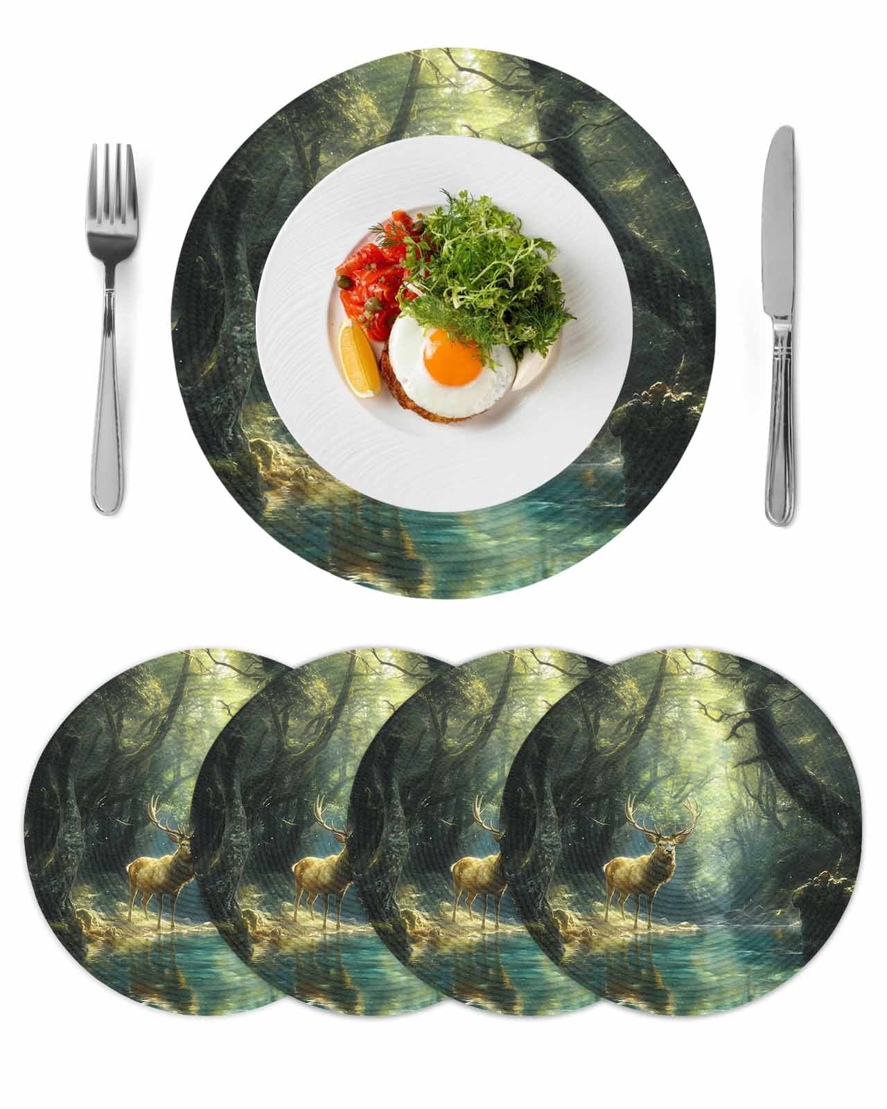 Green Forest Deer Round 15 Inch Placemats Set of 4, Fantasy Vintage ...