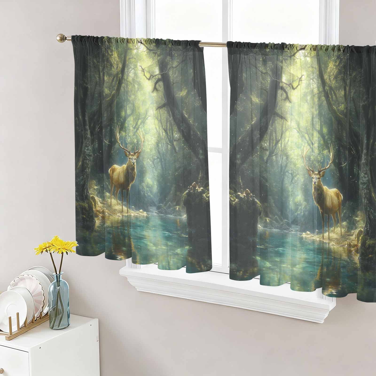 Green Forest Deer Semi Sheer Curtains 45 Inch Length 2 Panels Set ...