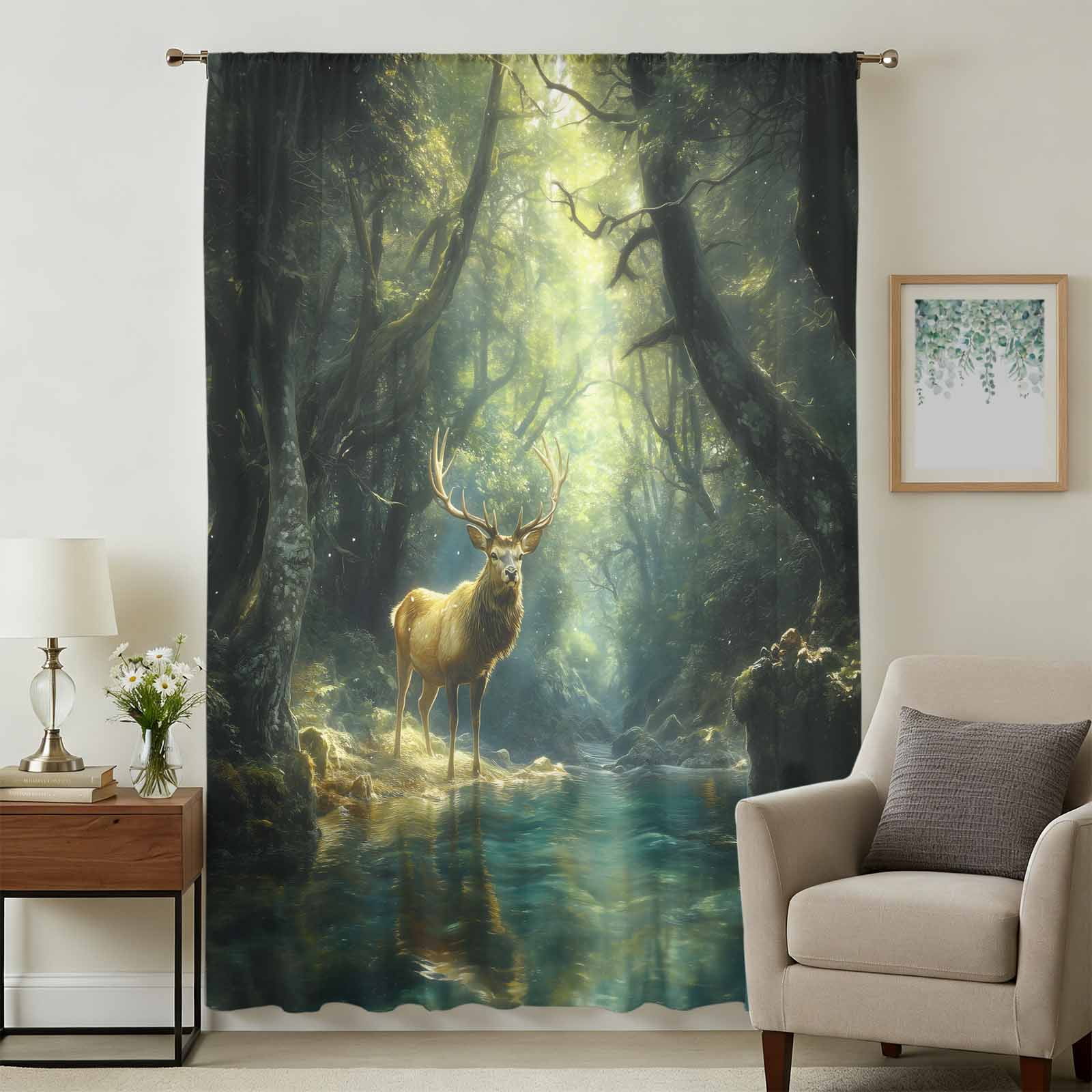 Green Forest Deer Sheer Curtains 45 Inches Long, Fantasy Vintage Nature ...