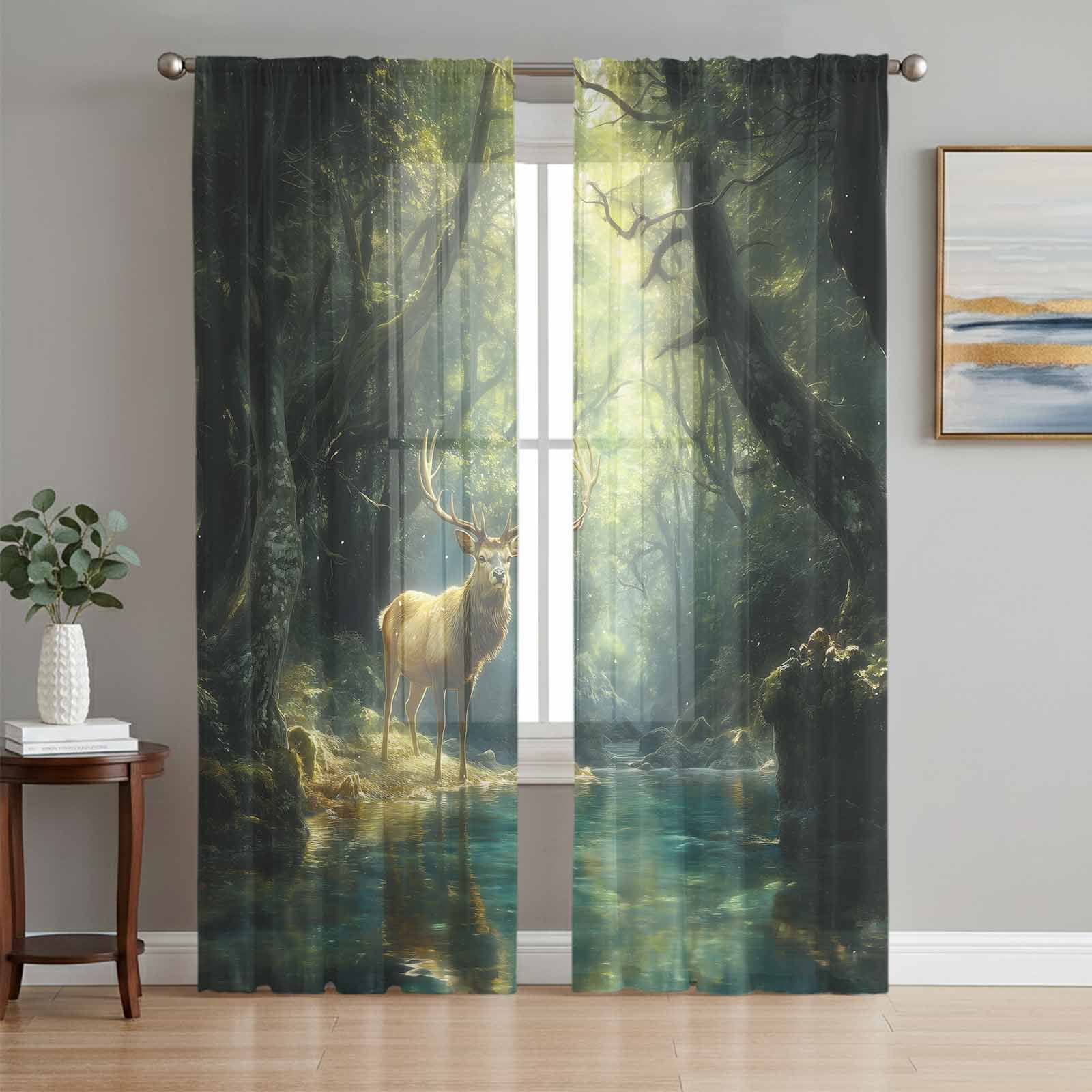 Green Forest Deer Sheer Curtains 84 Inch Length 2 Panels Set, Fantasy ...