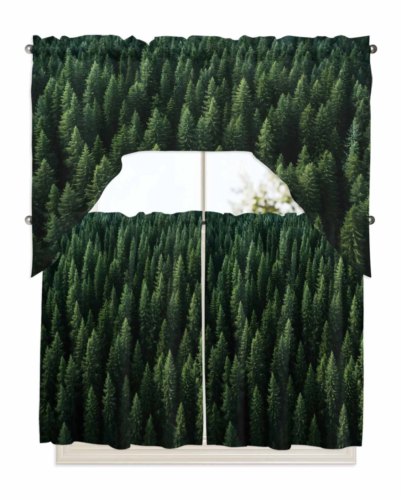 Green Forest Kitchen Curtains Swag Valance and Tier Curtains Set 36 Inch Length, Pine Trees ...