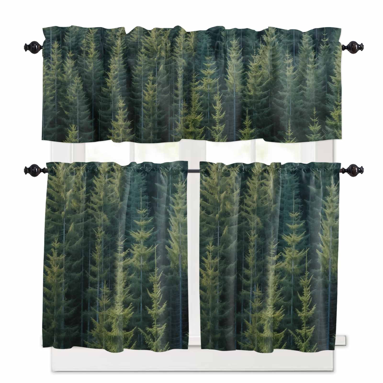 Green Forest Kitchen Curtains and Valances Set, 3 Piece Kitchen ...