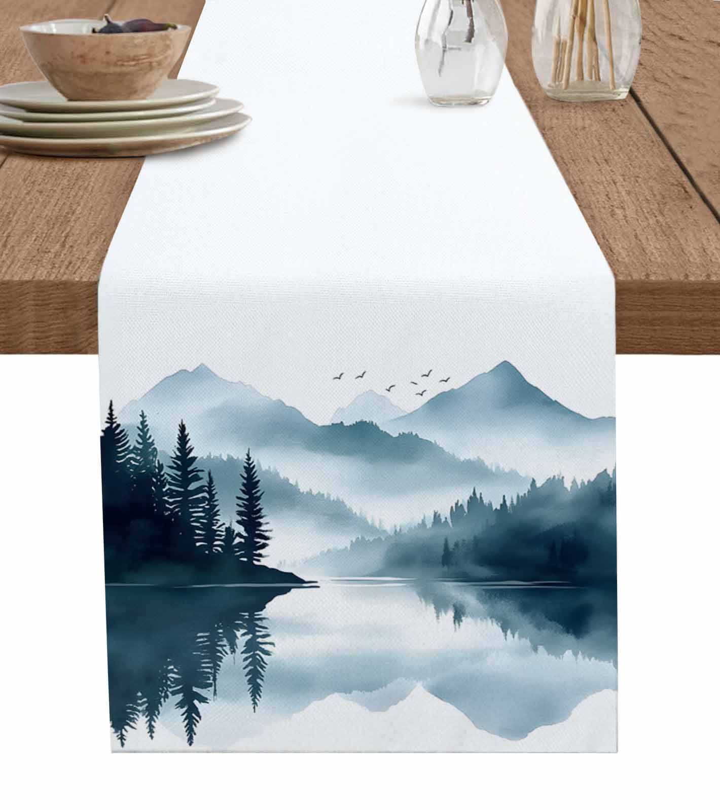 Green Forest Lake Table Runner 60 Inches, Abstract Watercolor Landscape ...