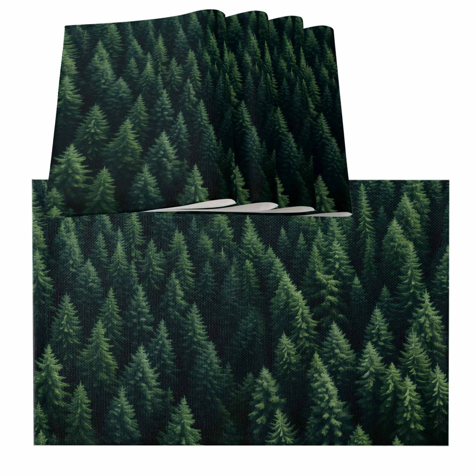 Green Forest Modern Pine Trees Mysterious Art Burlap Kitchen Place Mats ...