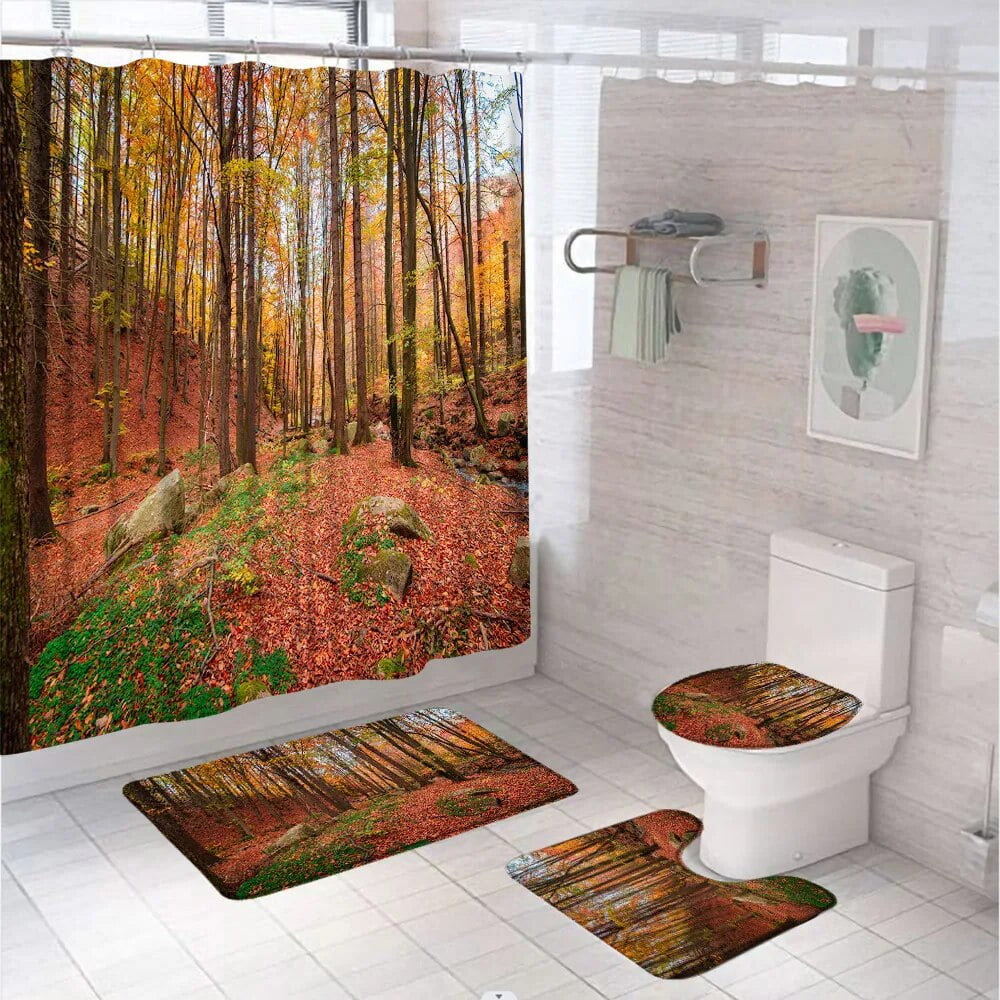 Green Forest Natural Scenery Shower Curtain Sets Landscape Leaves ...