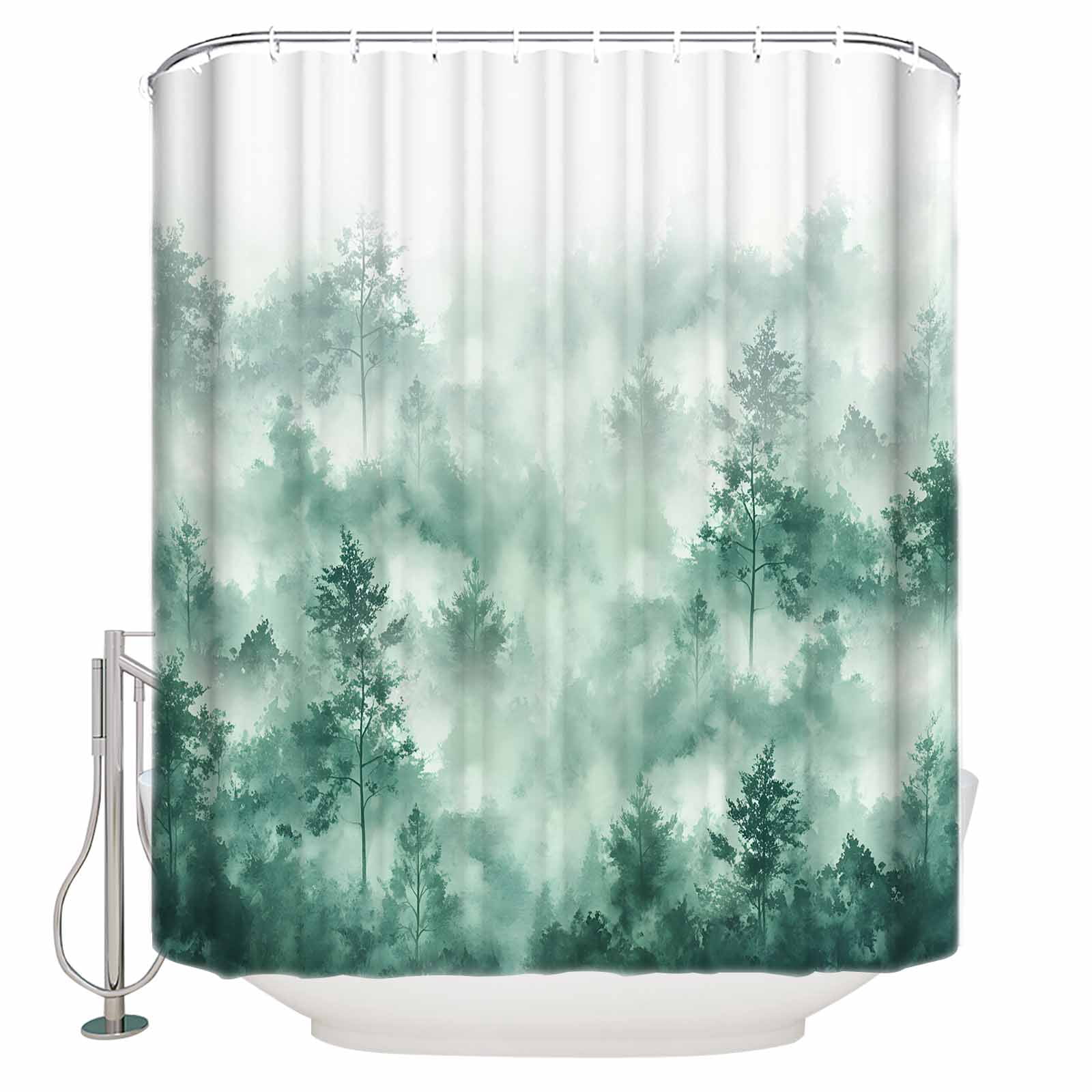 Green Forest Rustic Bathroom Shower Curtains with 12 Hooks Polyester ...