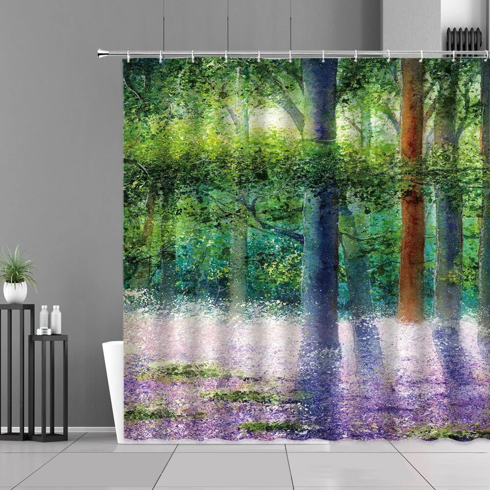 Green Forest Scenery Shower Curtains Waterfall Stone Bridge Plants ...