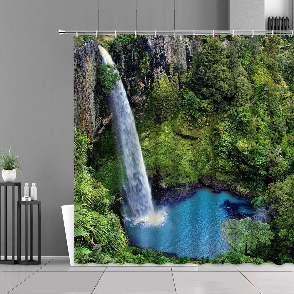 Green Forest Scenery Shower Curtains Waterfall Stone Bridge Plants ...