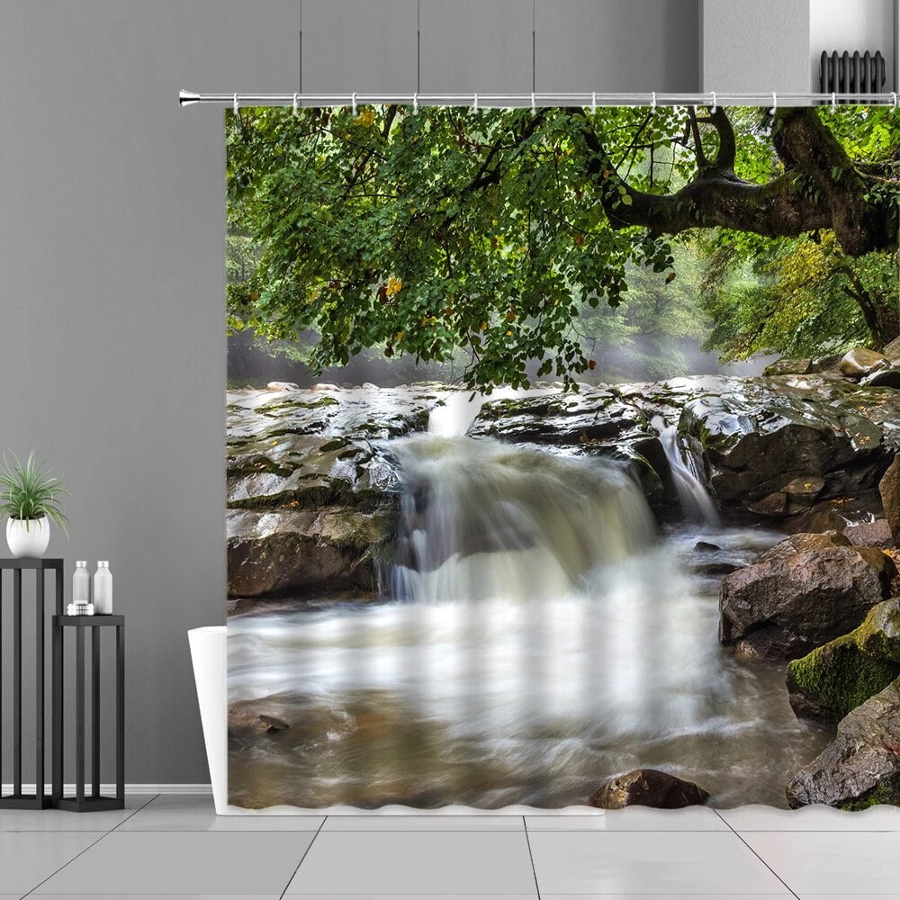 Green Forest Scenery Shower Curtains Waterfall Stone Bridge Plants ...