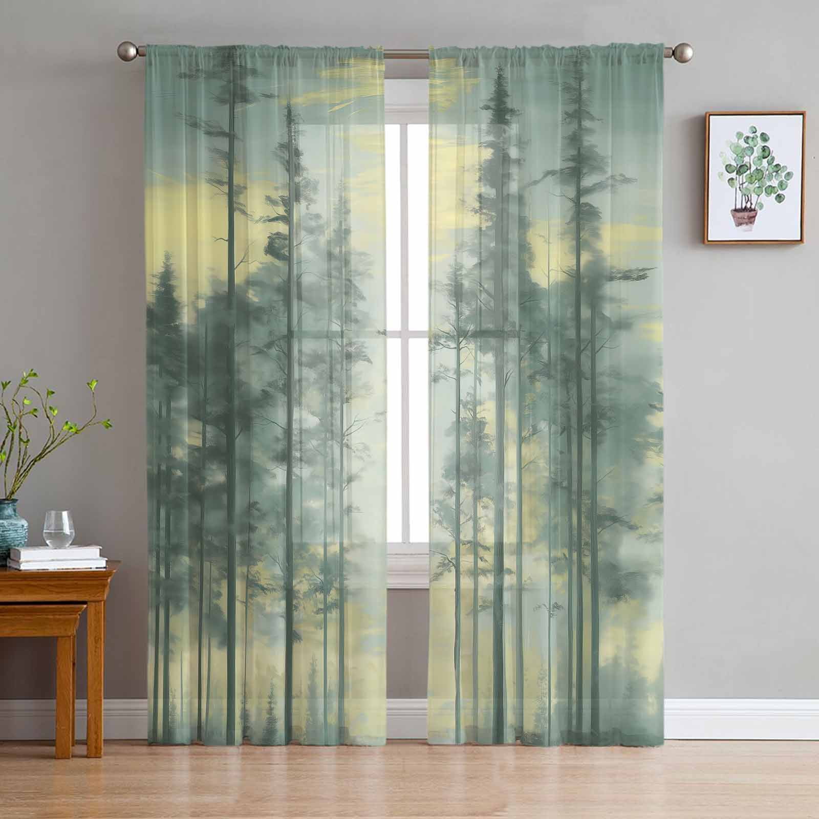 Green Forest Sheer Curtains 108 Inch Length 2 Panels Set for Living ...