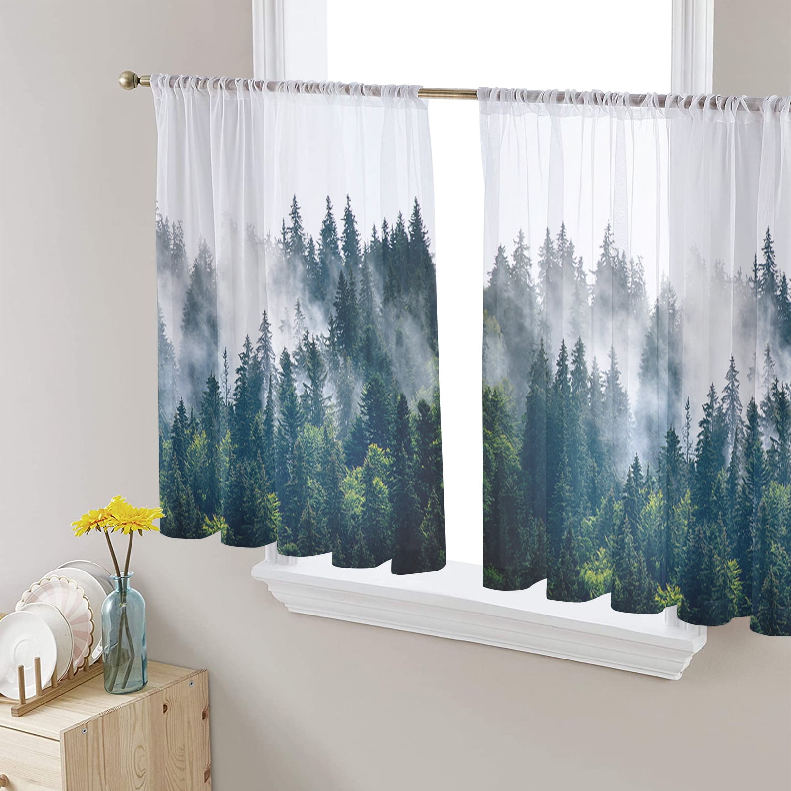 Green Forest Sheer Curtains 54 Inch Length 2 Panels Set for Living Room ...