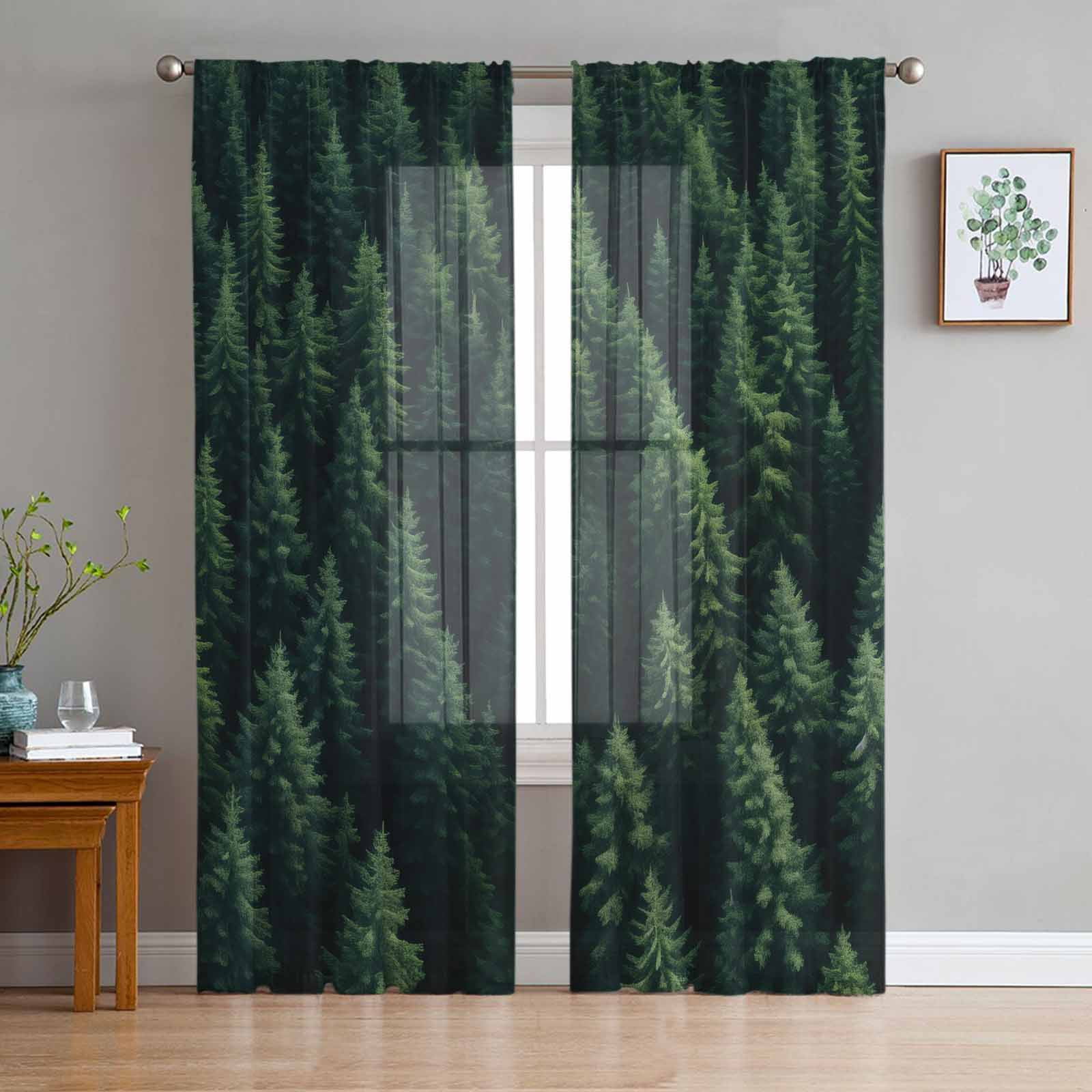 Green Forest Sheer Curtains 96 Inch Length 2 Panels Set for Living Room ...
