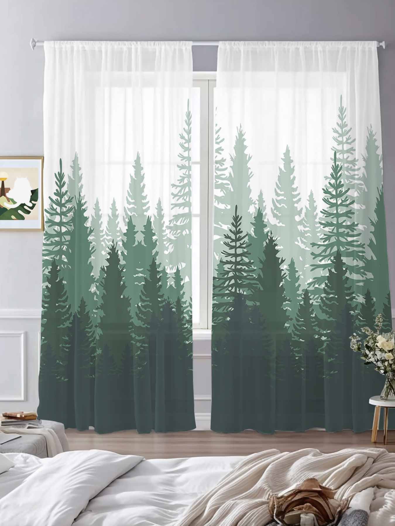 Green Forest Sheer Curtains 96 inches Long 2 Panels Set Nature Woodland ...
