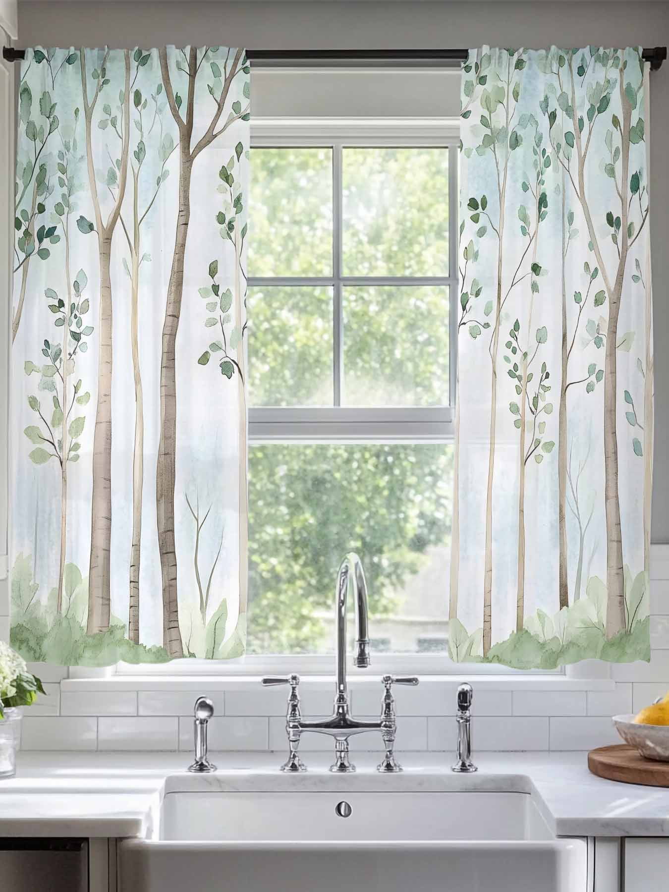 Green Forest Sheer Curtains for Living Room Bedroom Watercolor Tree ...