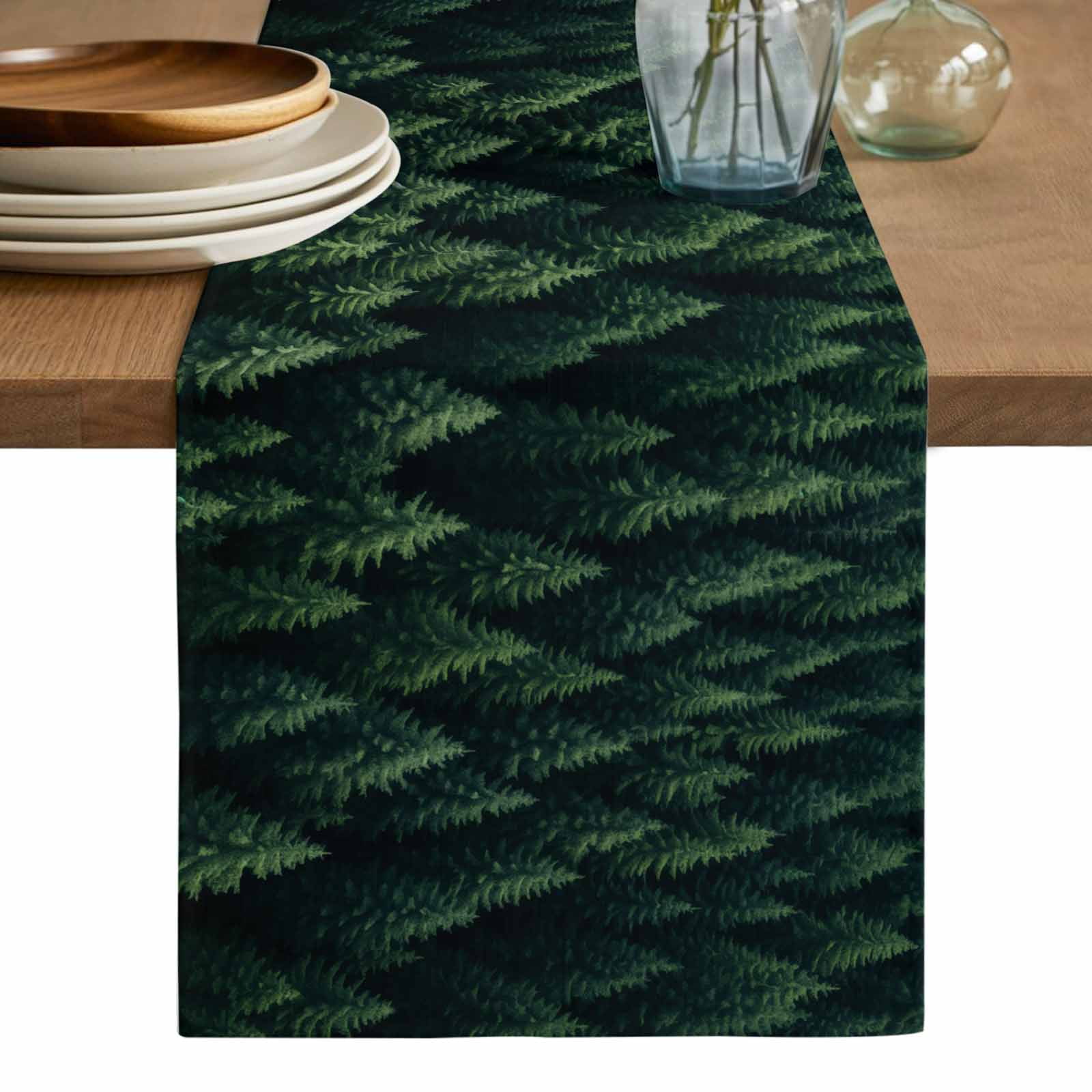 Green Forest Table Runner, Modern Pine Trees Mysterious Art Washable ...
