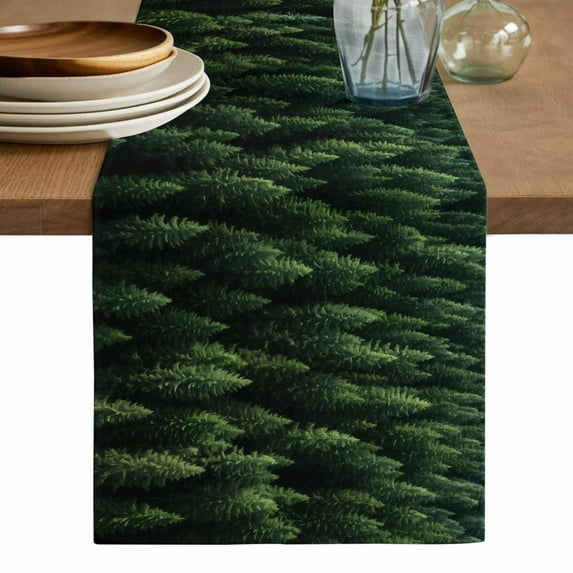 Green Forest Table Runner, Pine Trees Modern Mysterious Art Washable ...