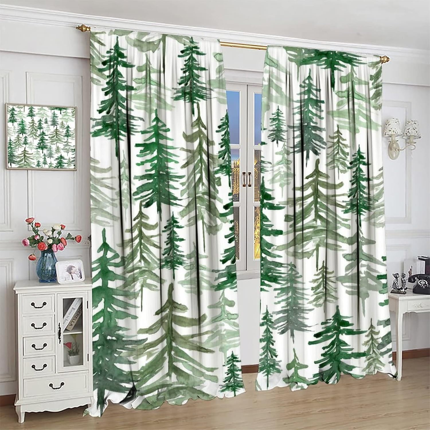 Green Forest Tree Curtain, Pine Coniferou Trees Forest Watercolor ...