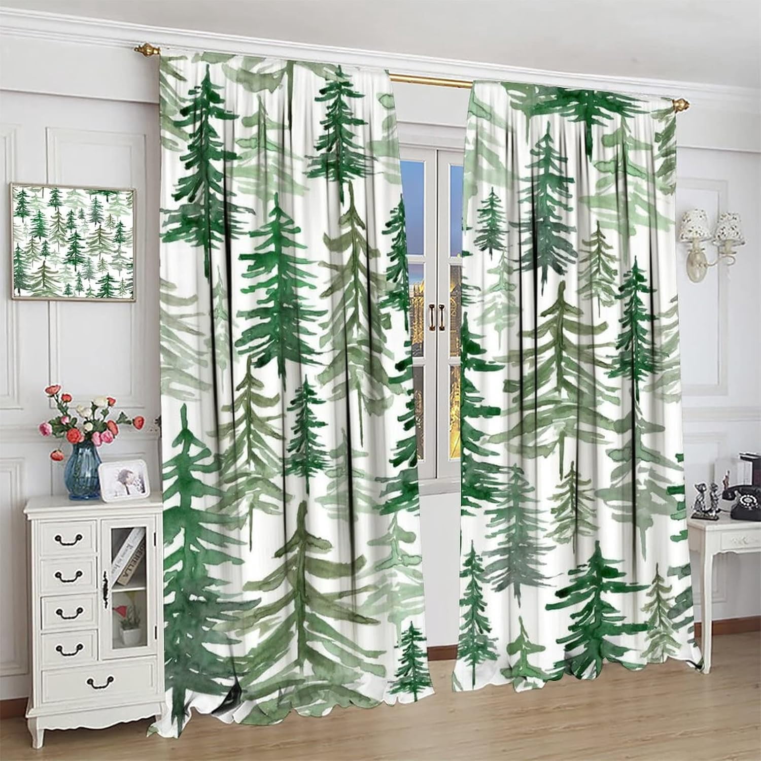 Green Forest Tree Curtain, Pine Coniferou Trees Forest Watercolor ...
