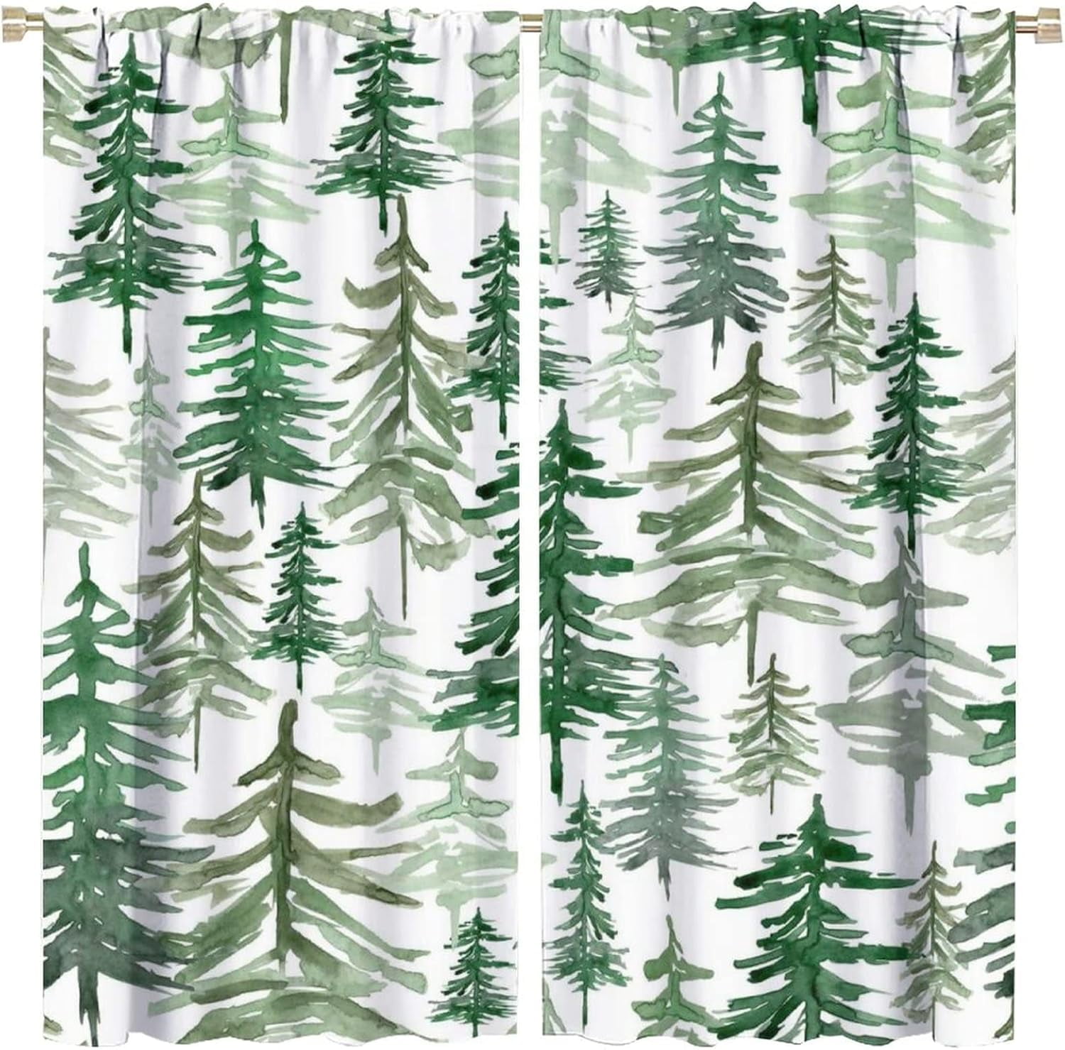 Green Forest Tree Curtain, Pine Coniferou Trees Forest Watercolor ...