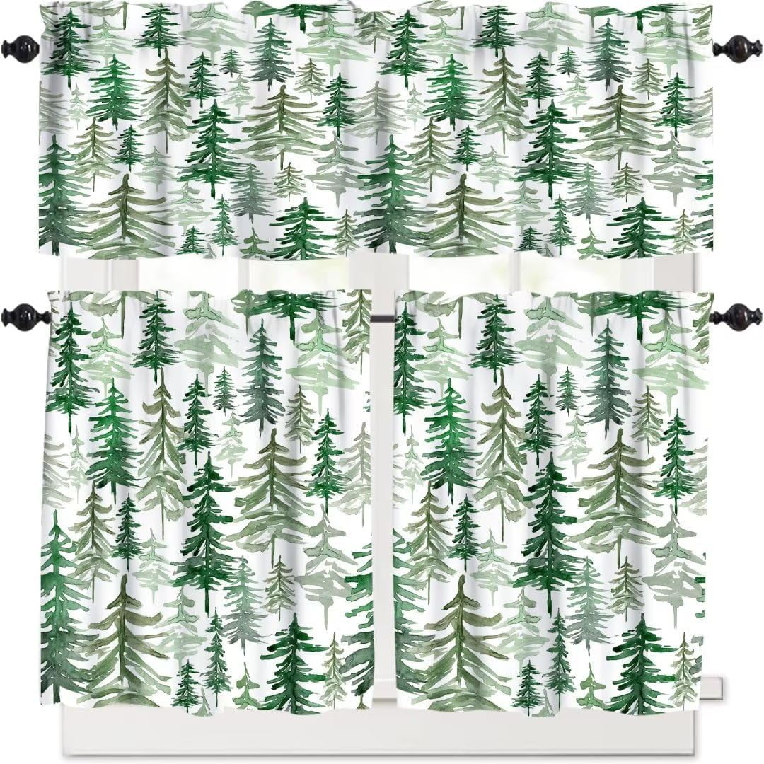 Green Forest Tree Curtain Set, Pine Coniferou Trees Forest Watercolor ...