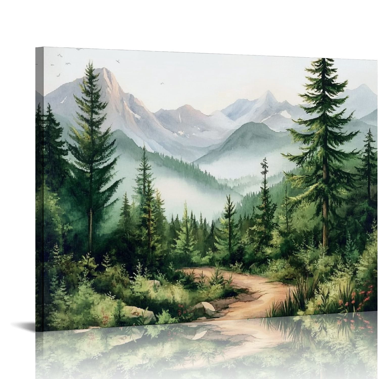 Green Forest Tree Mountain Range Framed Canvas Wall Art, Watercolor ...