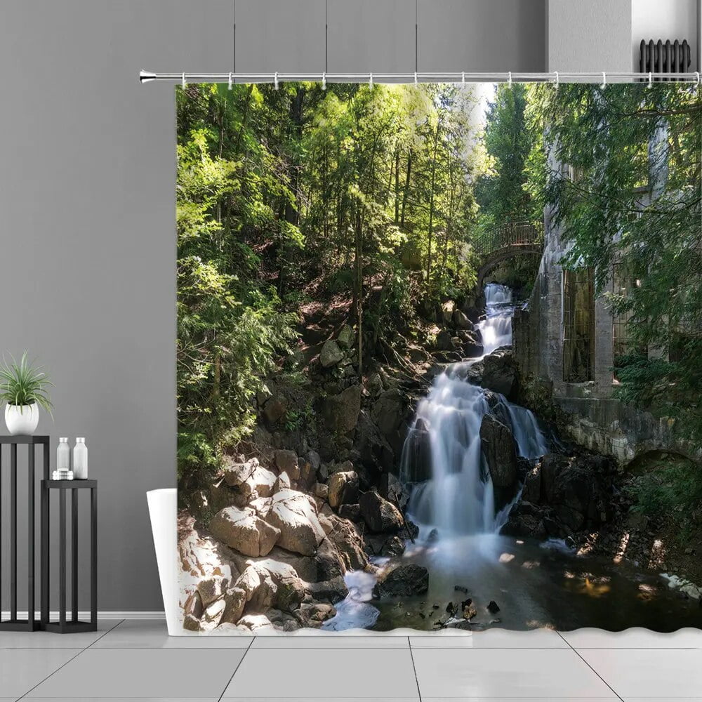 Green Forest Trees Waterfall Scenery Shower Curtain Bird Natural ...