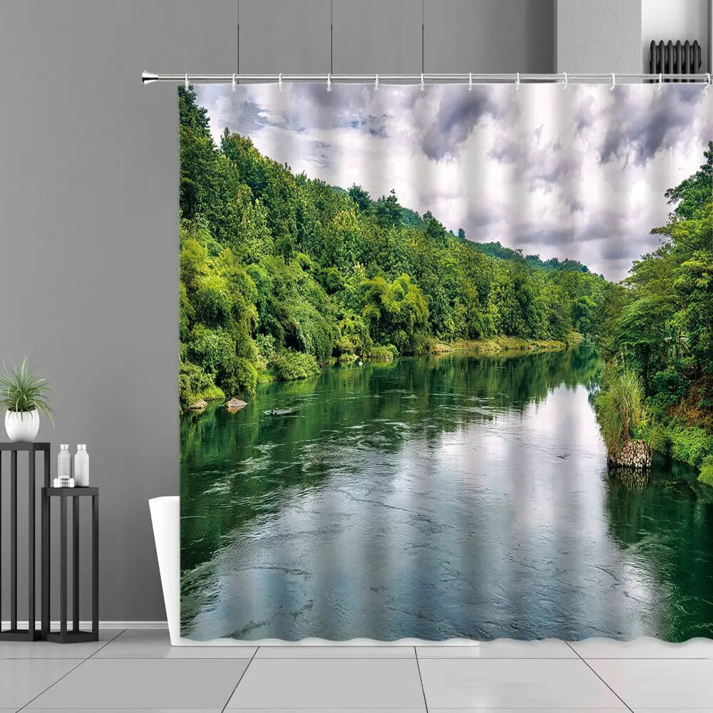 Green Forest Trees Waterfall Scenery Shower Curtain Bird Natural ...