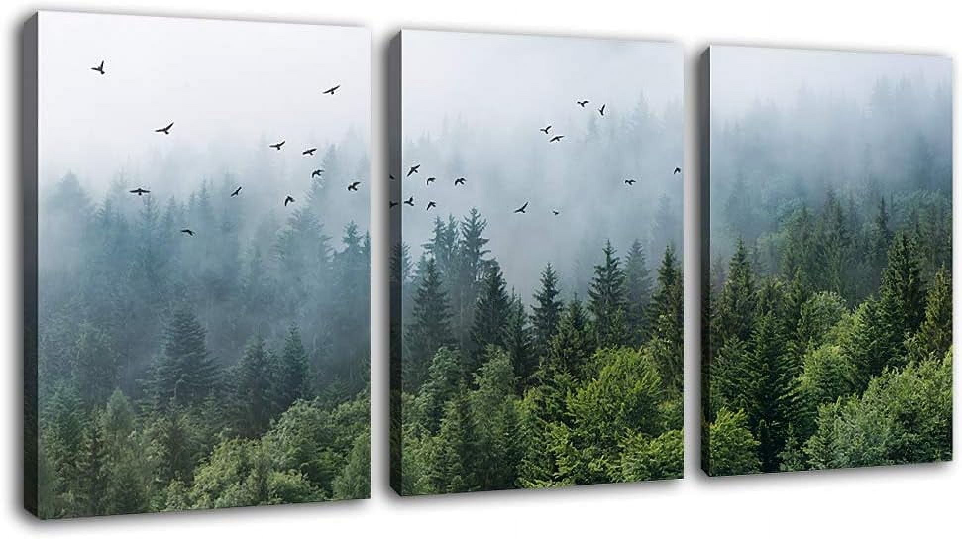 Green Forest Wall Art Tropical Foggy Forest Mountain Bird Contemporary ...