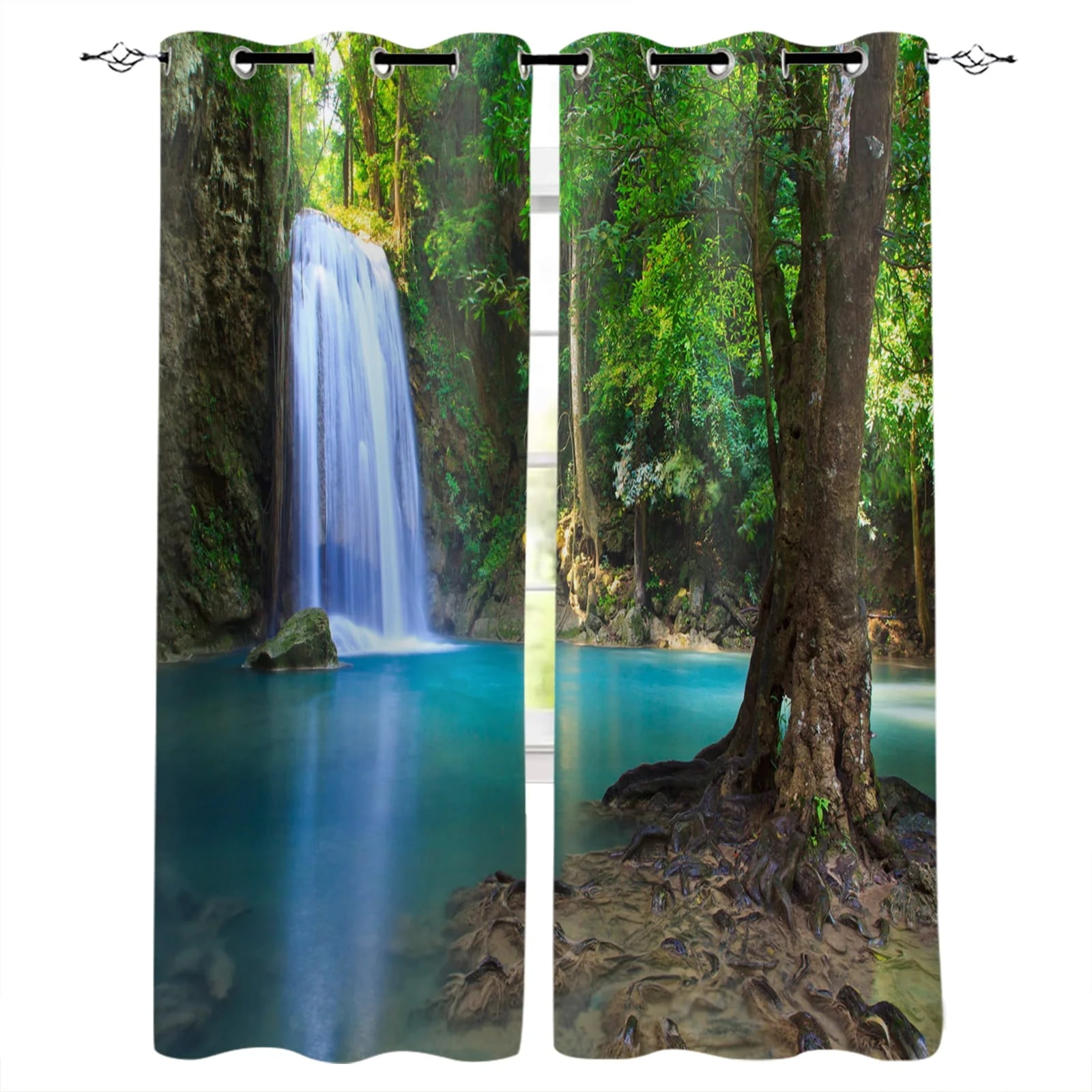 Green Forest Waterfall Curtains Jungle Nature Scenery Window Curtain ...