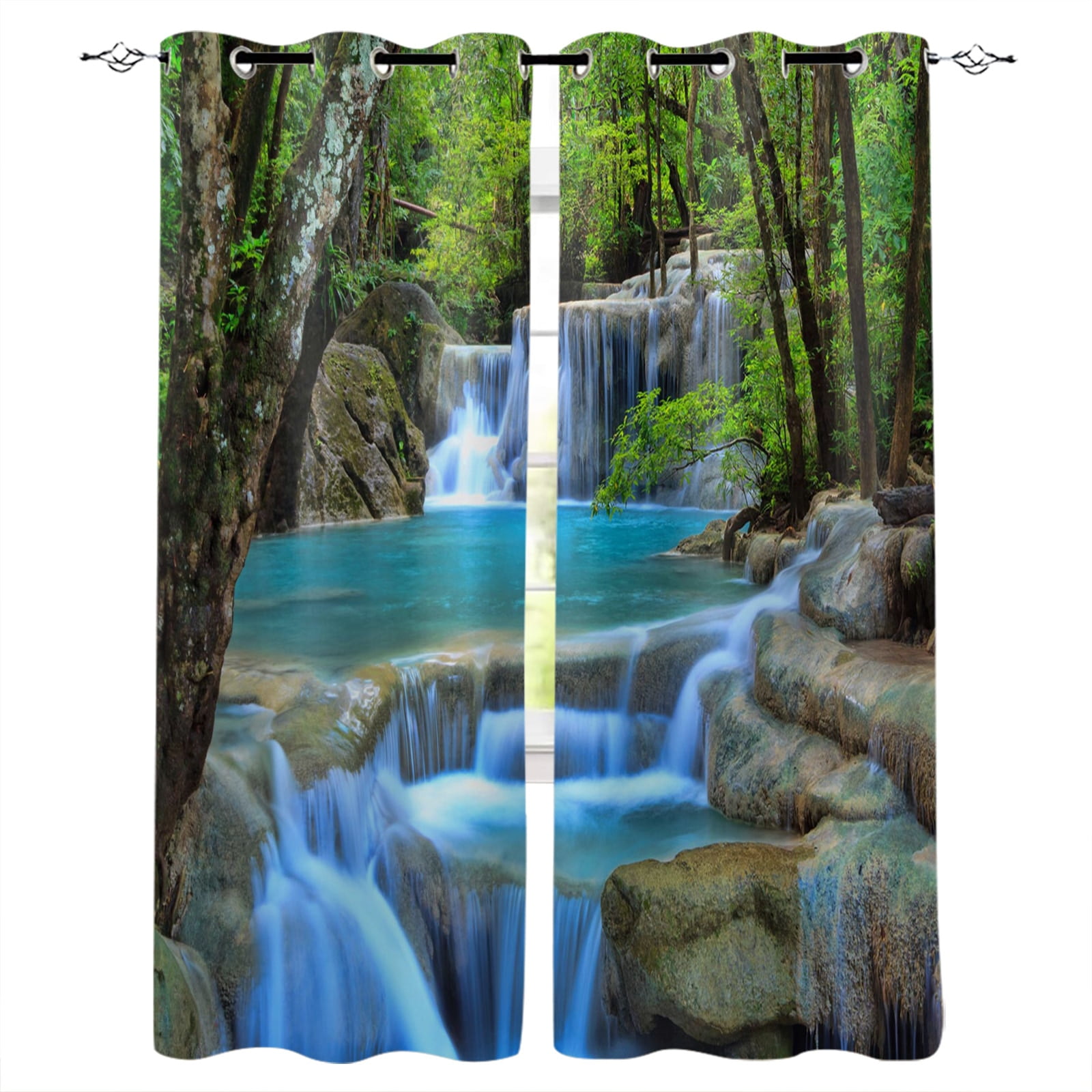 Green Forest Waterfall Curtains Jungle Nature Scenery Window Curtain ...
