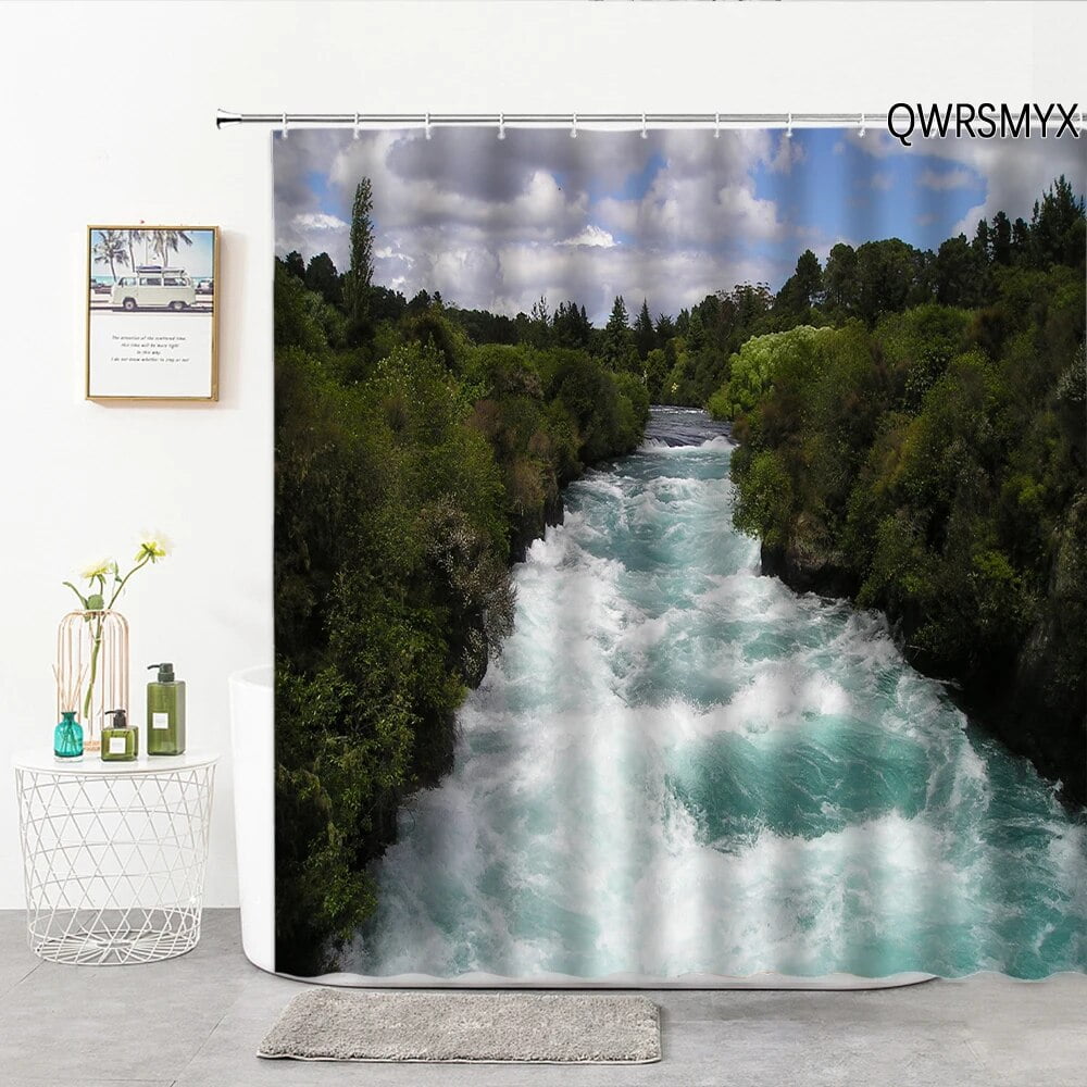 Green Forest Waterfall Landscape Shower Curtains Hooks Natural Scenery ...