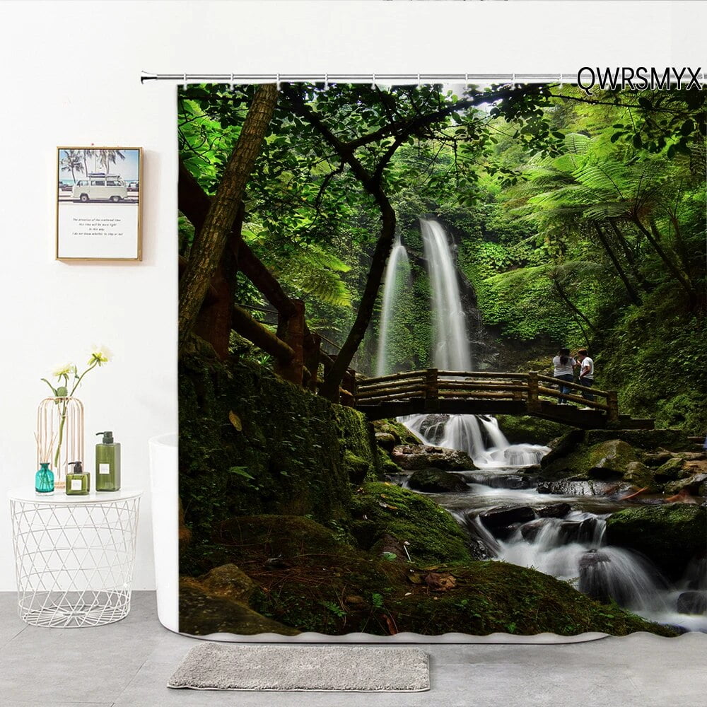 Green Forest Waterfall Landscape Shower Curtains Hooks Natural Scenery Home Bathroom Luxury ...