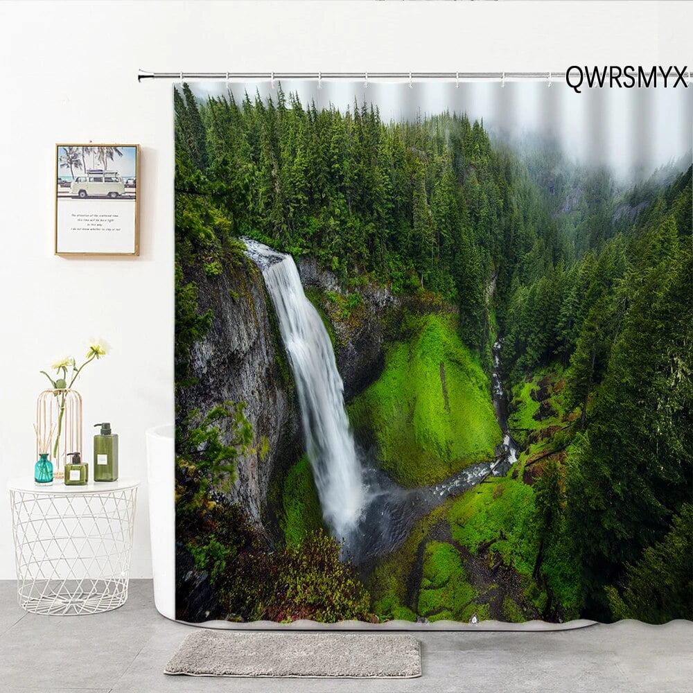 Green Forest Waterfall Landscape Shower Curtains Hooks Natural Scenery ...