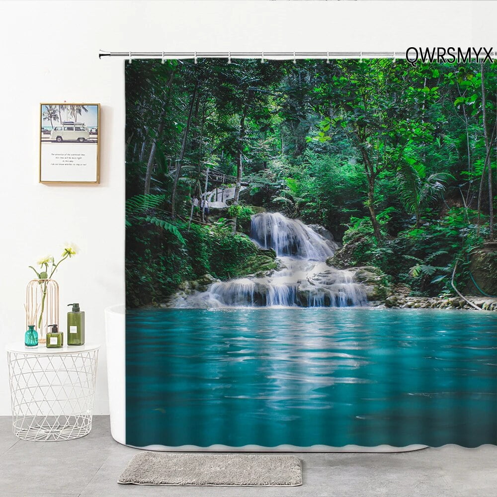 Green Forest Waterfall Landscape Shower Curtains Hooks Natural Scenery ...