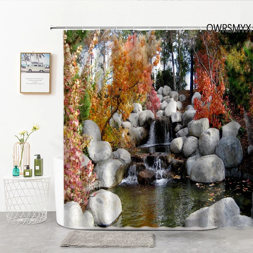 Green Forest Waterfall Landscape Shower Curtains Hooks Natural Scenery ...