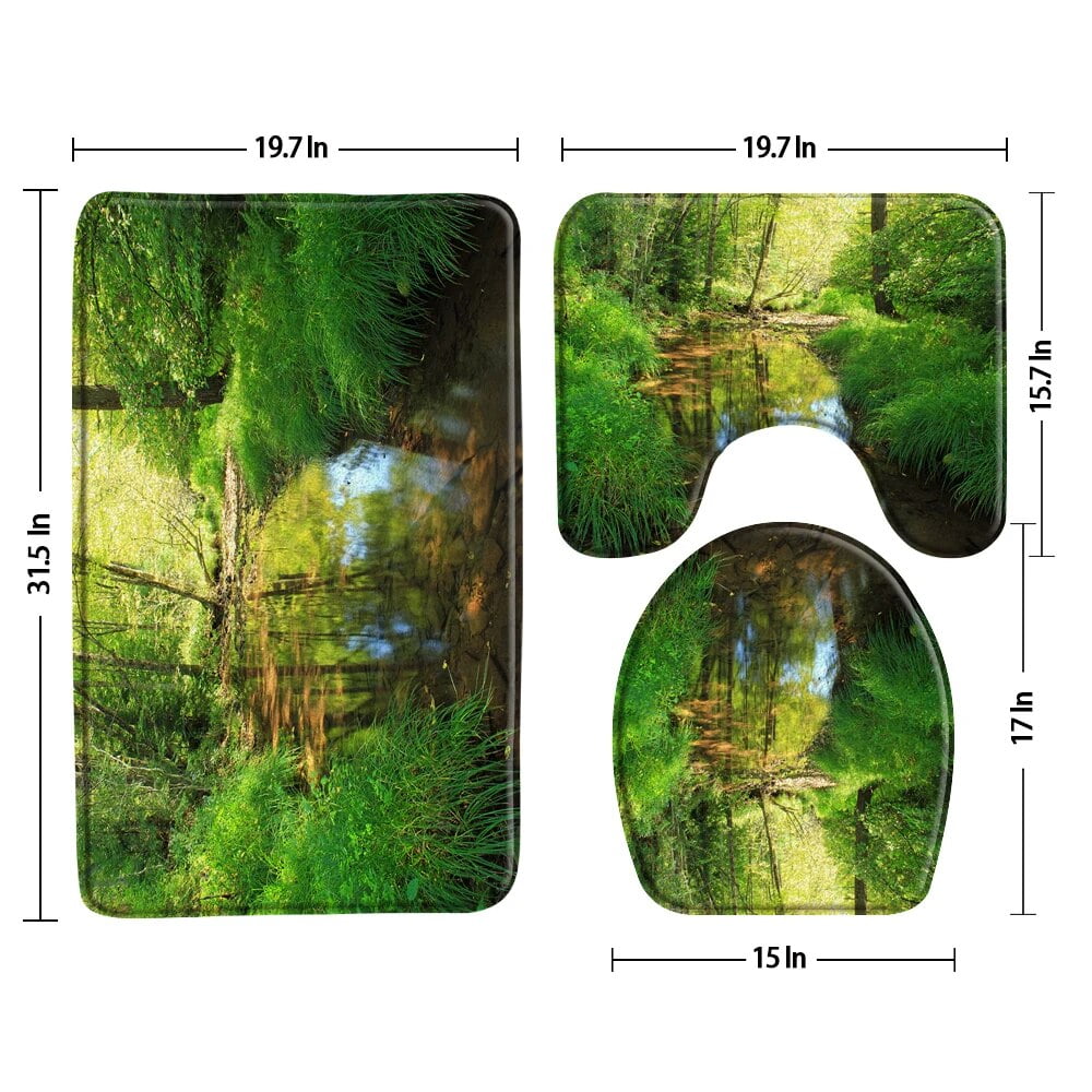 Green Forest Waterfall Scenery Bath Mat Set Japanese Garden Non Slip 3
