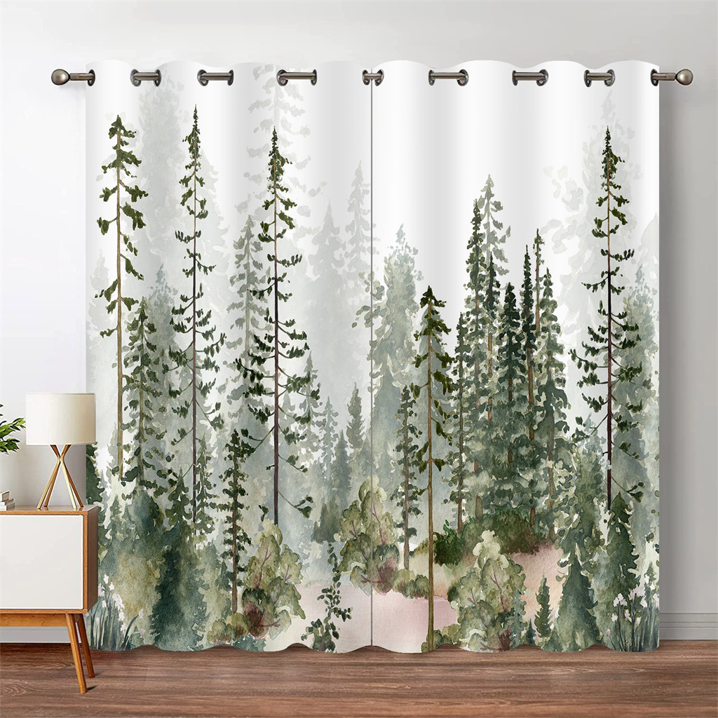 Green Forest Window Curtains Watercolor Tree Nature Landscape Printed ...