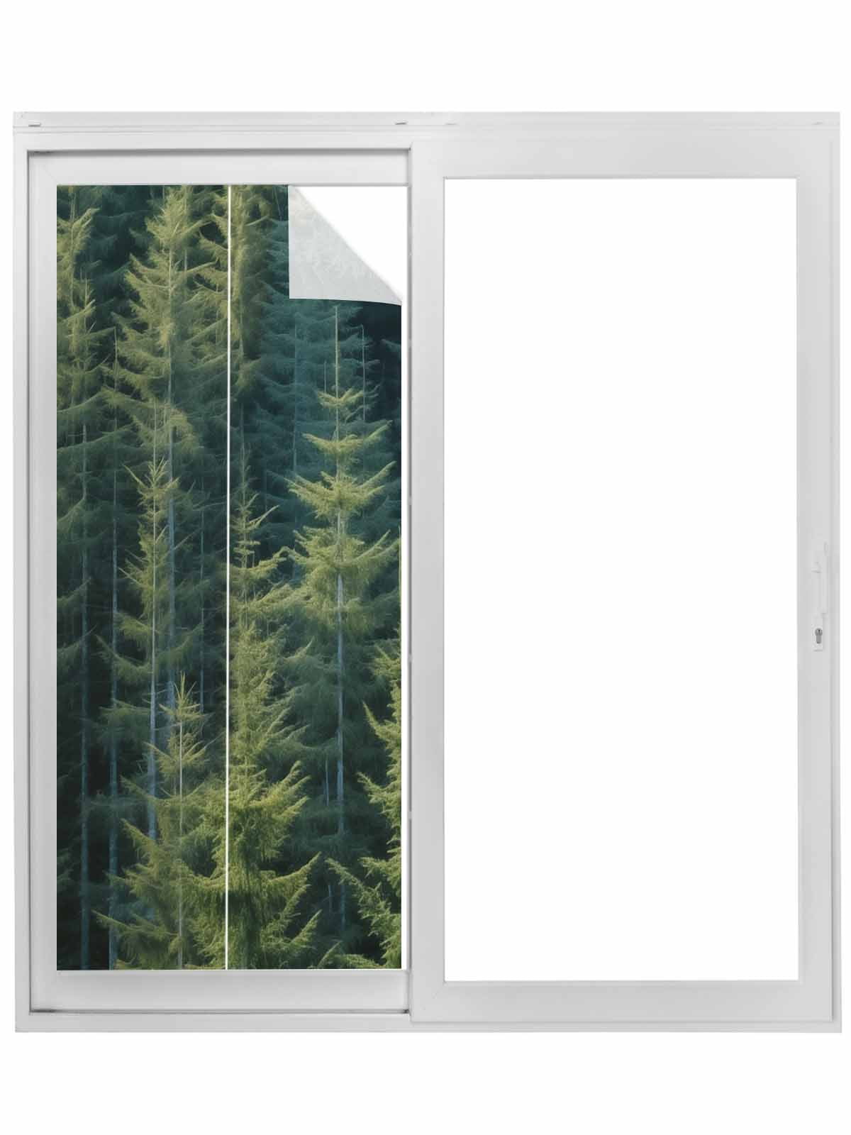 Green Forest Window Privacy Film, Pine Tree Summer Botanical Modern Art Static Cling UV Sun ...