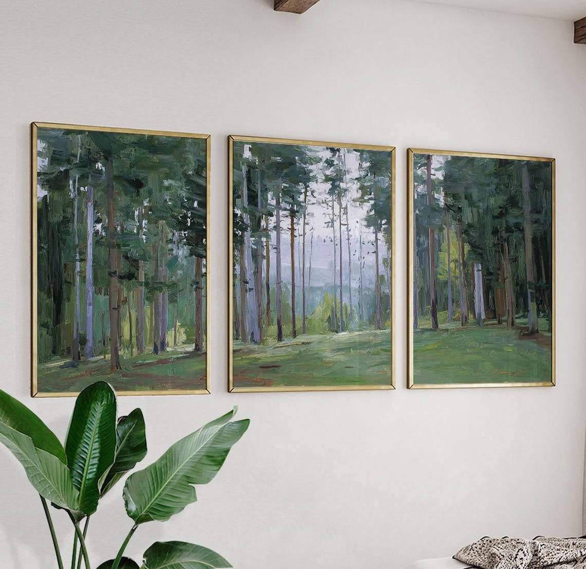 Green Forest Woodland Tree Landscape Triptych Modern Nature Wall Art ...