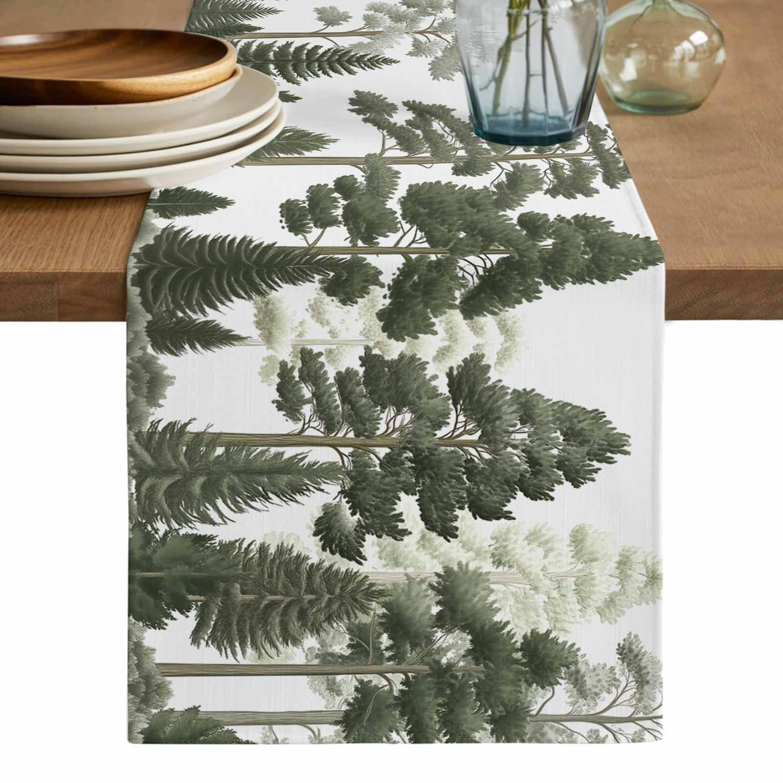 Green Forests Tree Table Runner, Pine Maple Trees Nature Pure Color ...
