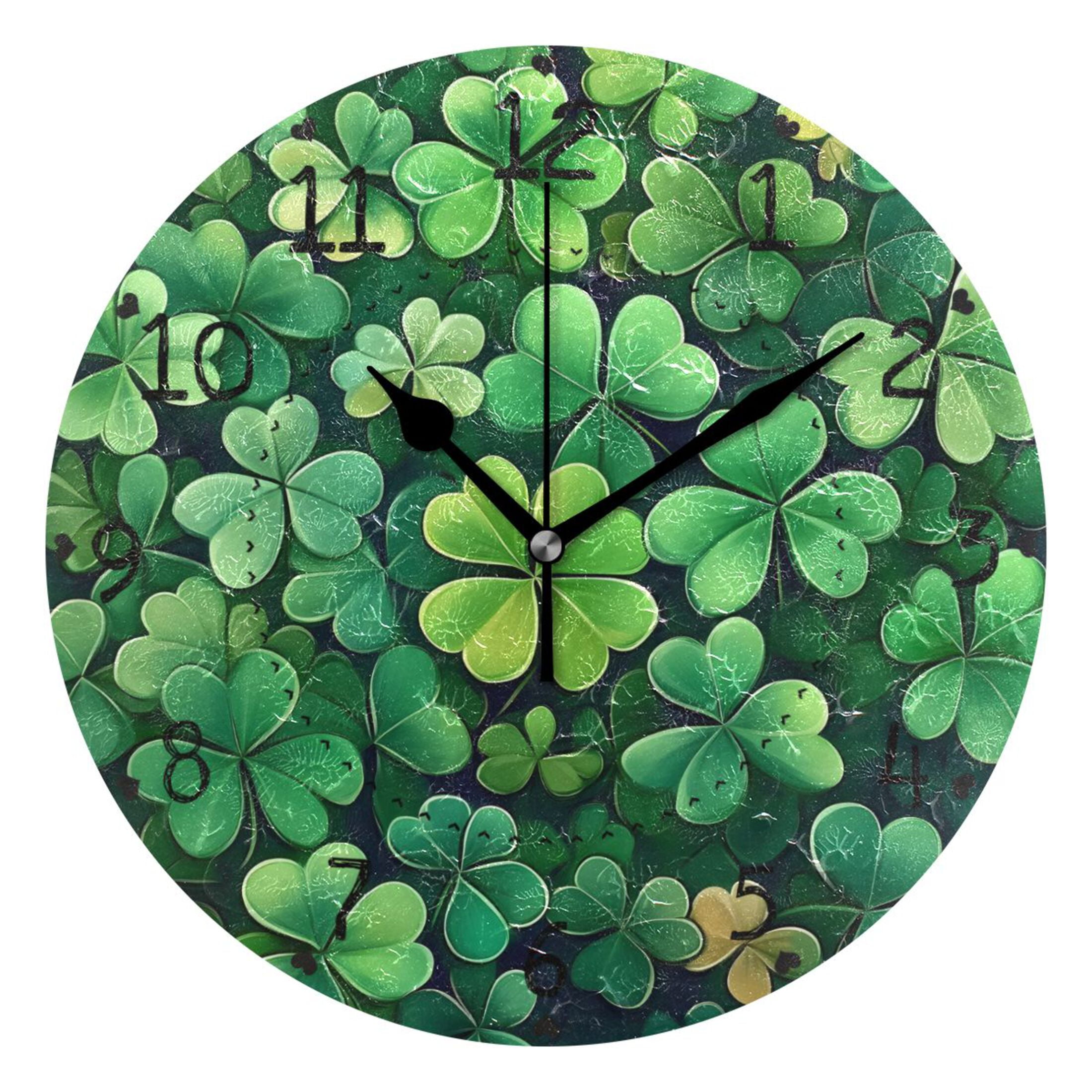 Green Four Leaf Clover Round Wall Clock Silent Battery Operated Home ...