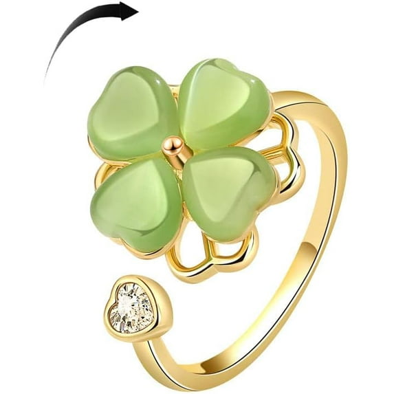 Green Four Leaf Clover Spinner Ring Cubic Zirconia Love Heart Cat Eye ...