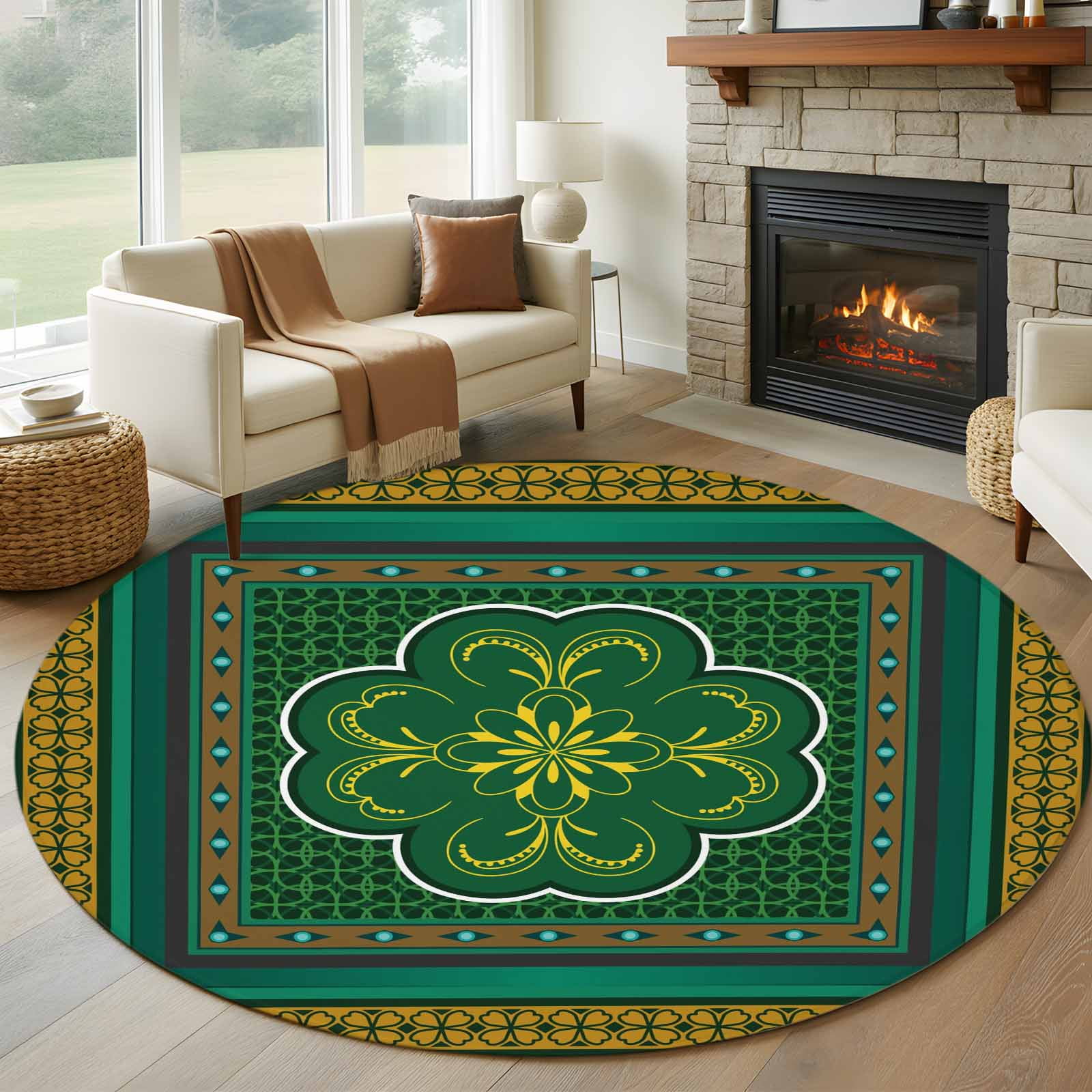 Green Four Leafs Round Rug 8ft Washable Circle Rugs Non Slip Summer ...