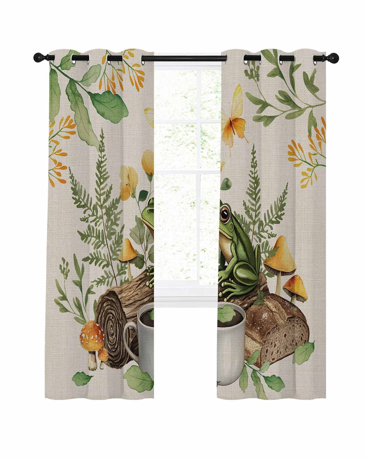 Green Frog Blackout Curtains 63 Inch Length Coffee Mushroom Butterfly ...