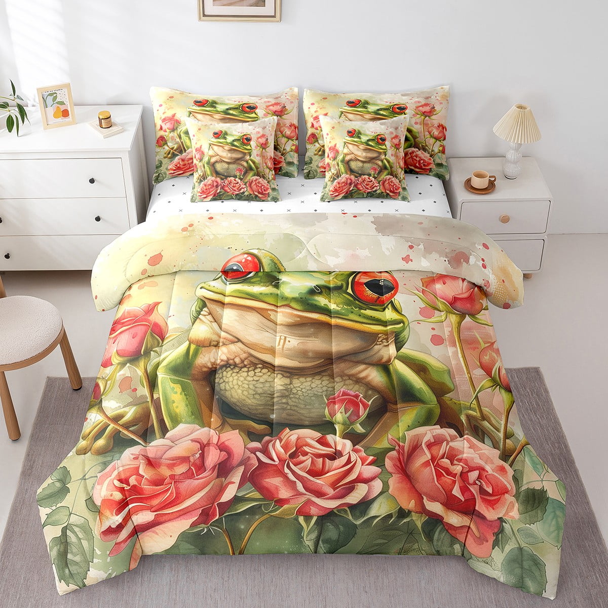 Green Frog Comforter Set 7 Piece Bed in a Bag Twin,Red Rose Bedding ...