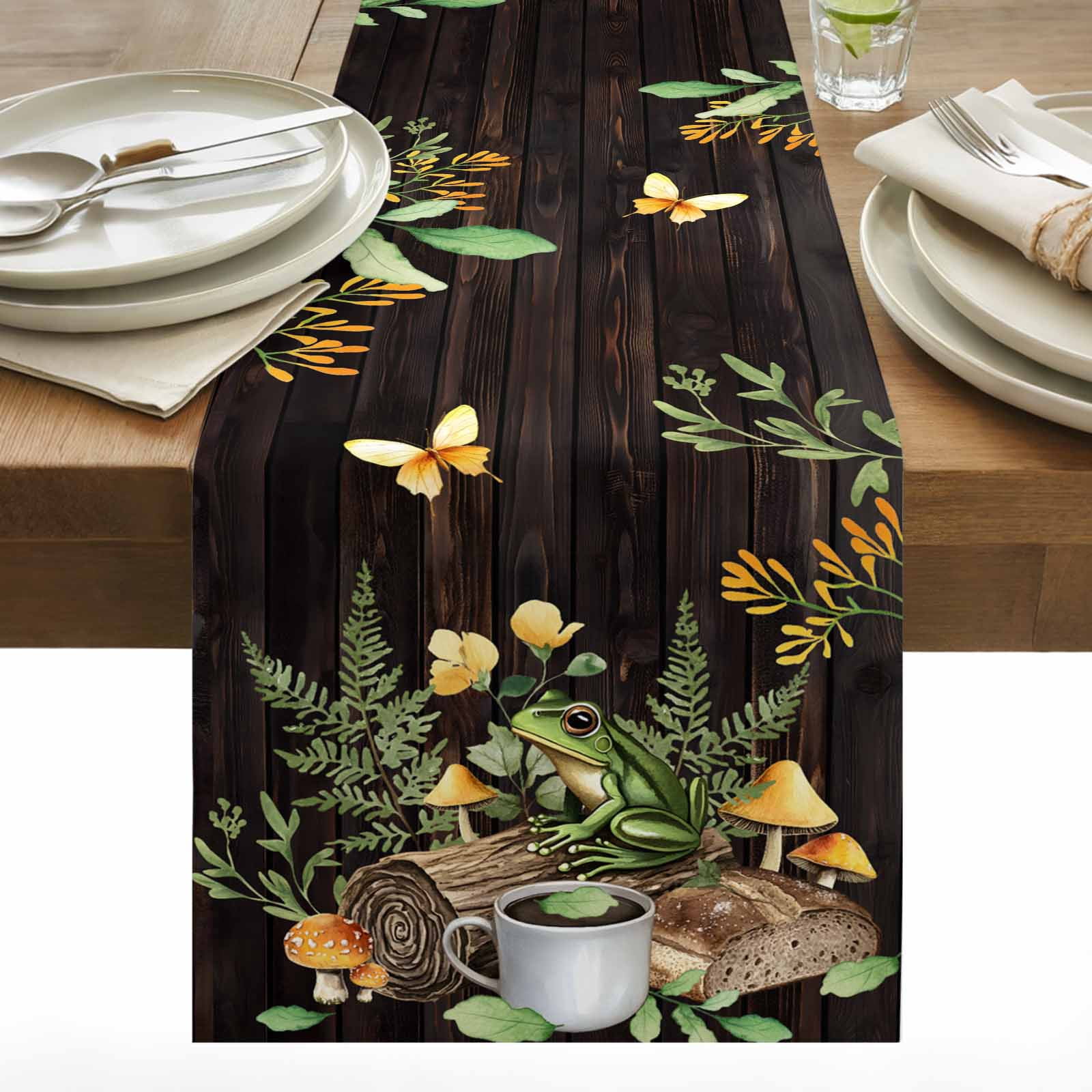 Green Frog Cotton Linen Table Runner Coffee Mushroom Butterfly Brown ...