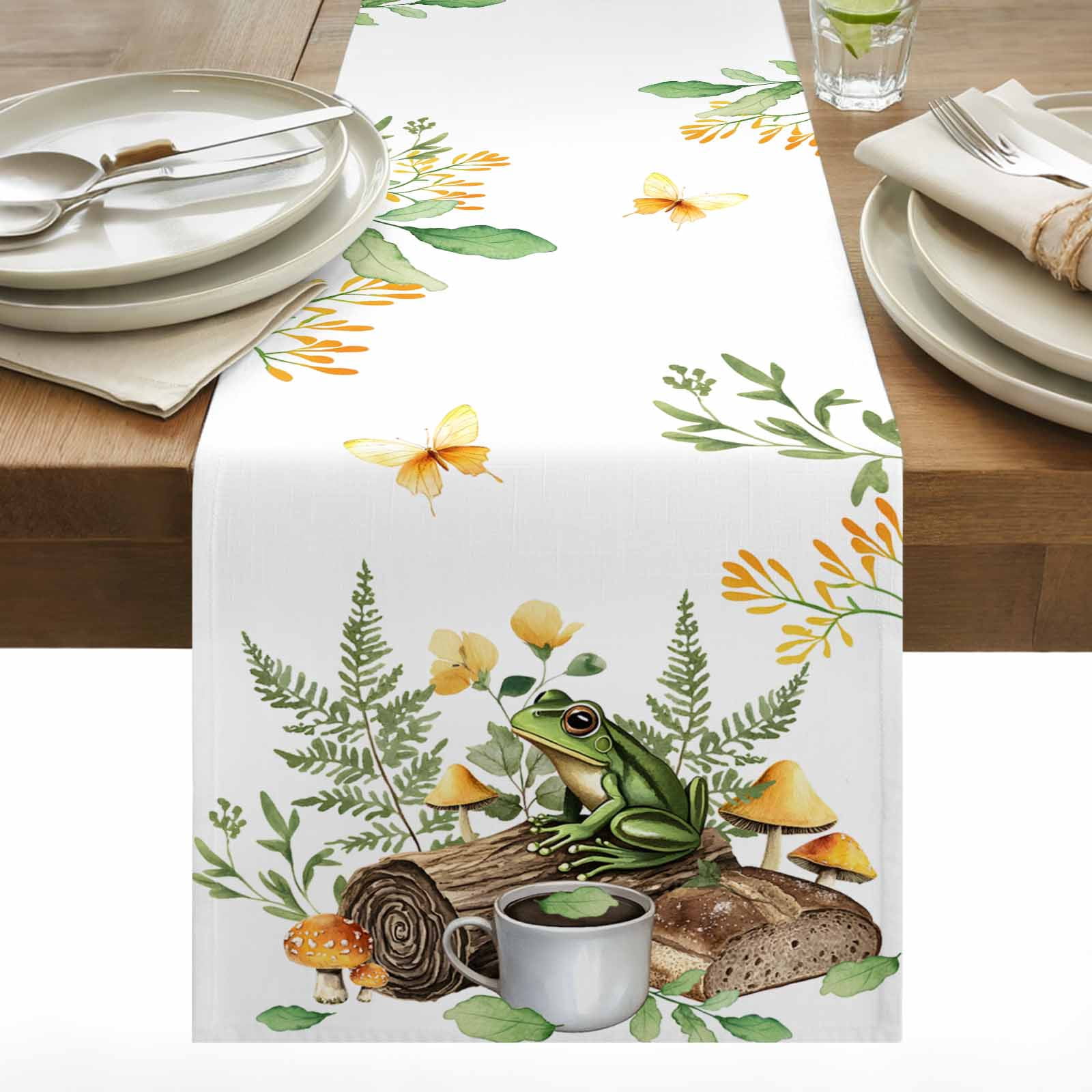 Green Frog Cotton Linen Table Runner Coffee Mushroom Butterfly Pastoral ...
